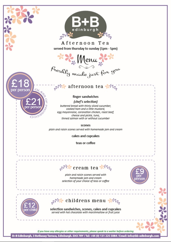 Homemade Afternoon Tea | View Menu | B+B Edinburgh